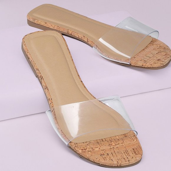 Shoes | Newclear Transparent Band Cork Slide Flat Sandal | Poshmark